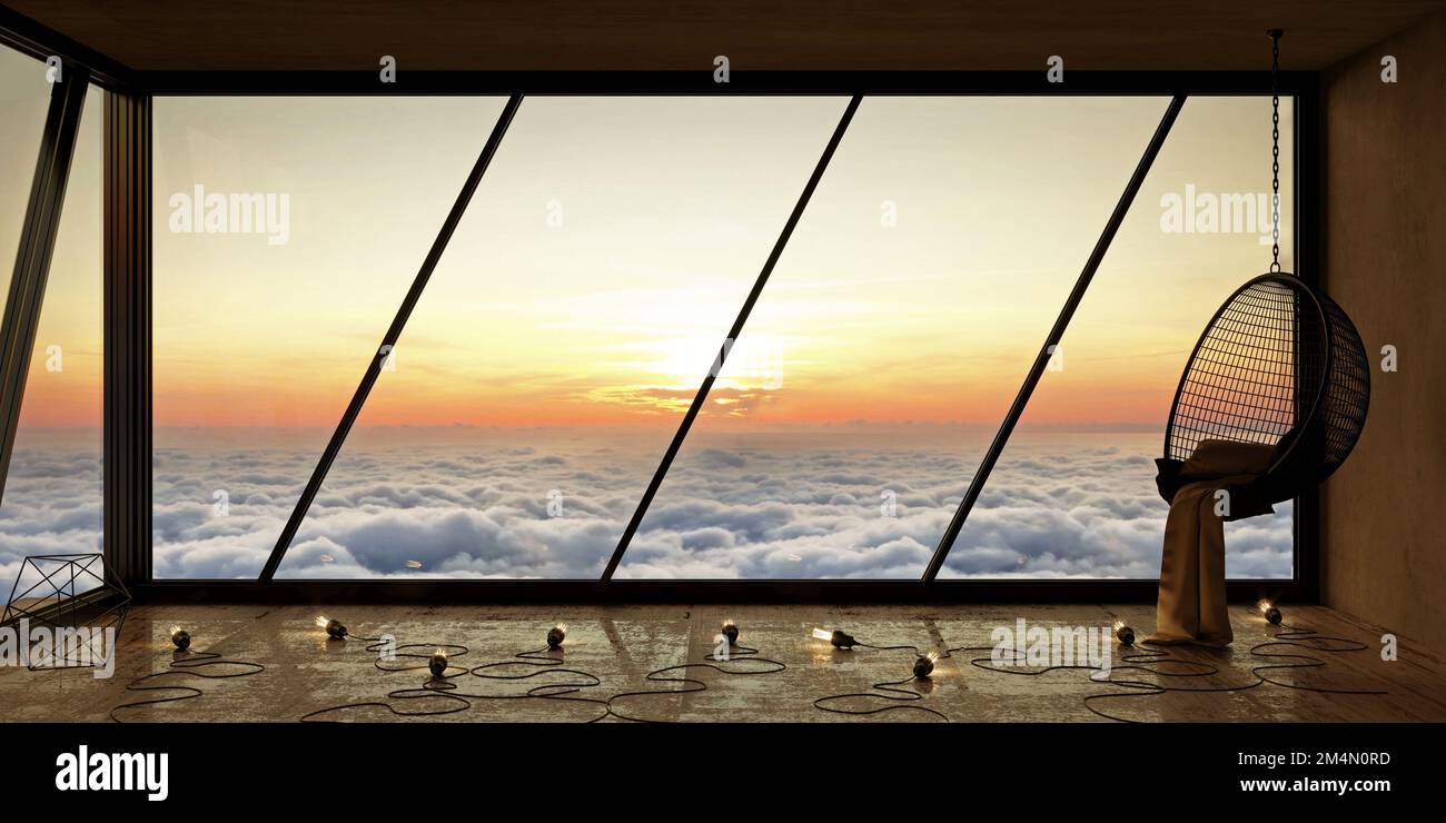 View through panoramic window sunset and clouds Stock Photo - Alamy