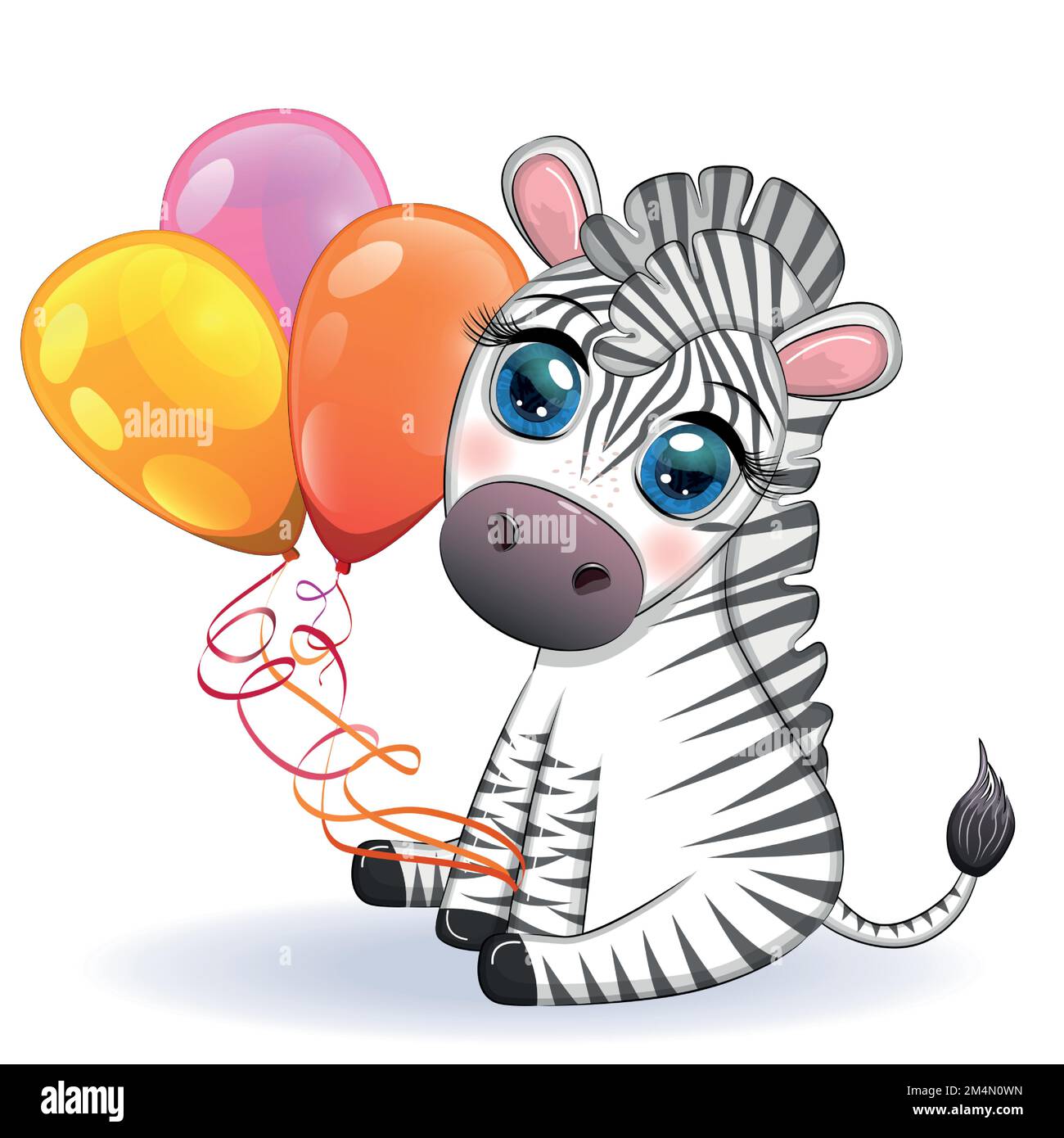 Cute cartoon zebra is sitting and holding balloons. Children's striped ...
