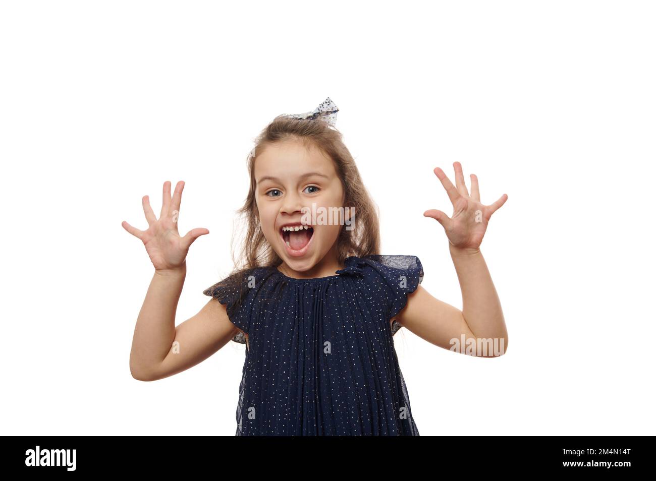 Isolated portrait on white background, mischievous baby girl, cheery ...