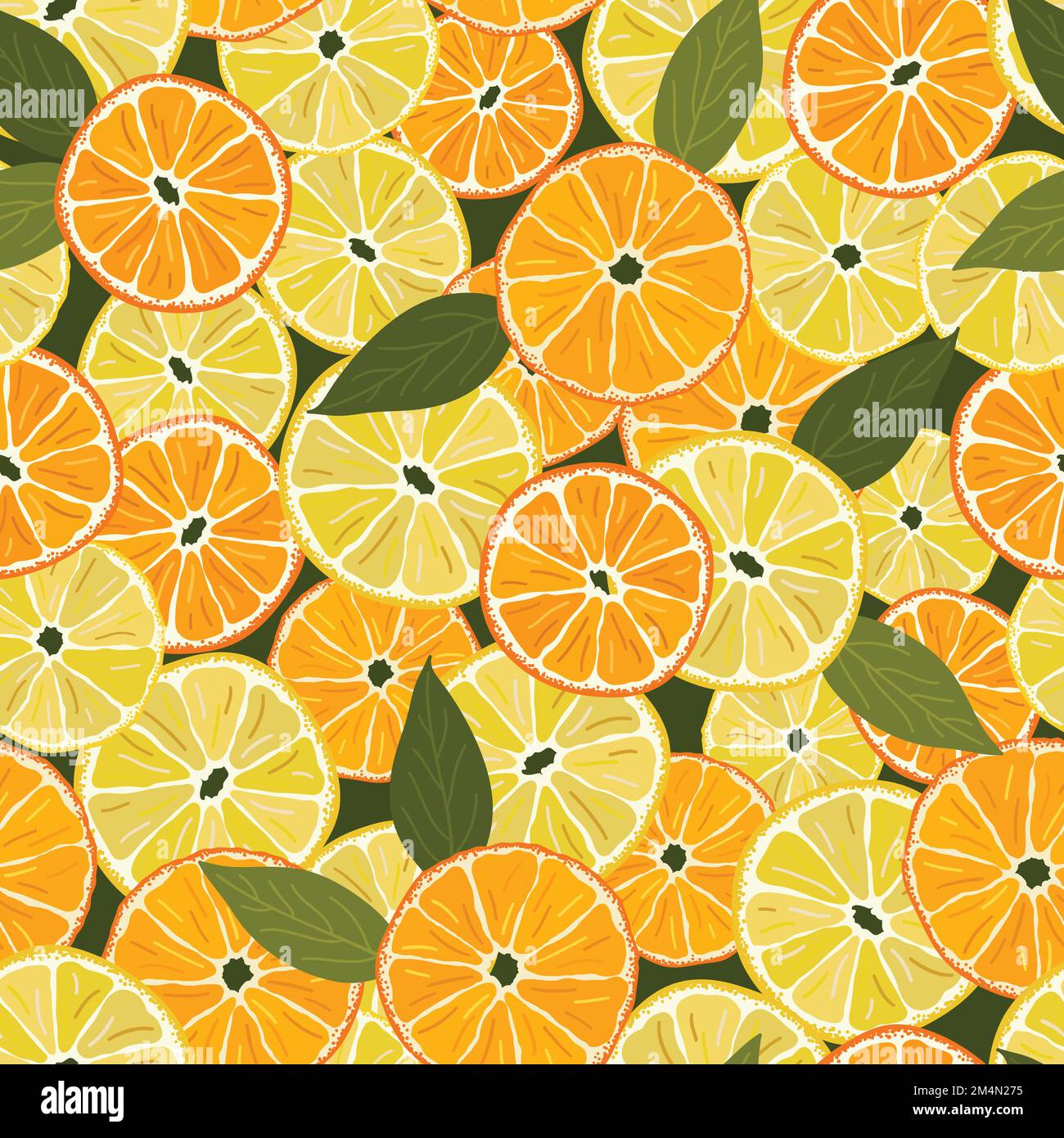 Seamless pattern with bright orange, lemon slices and green leaves ...
