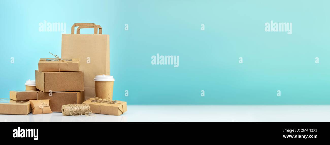 Eco friendly shopping, packaging and delivery banner. Craft cardboard ...