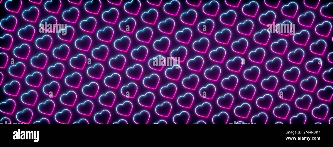 neon hearts pattern over black background, 3d render, panoramic image ...