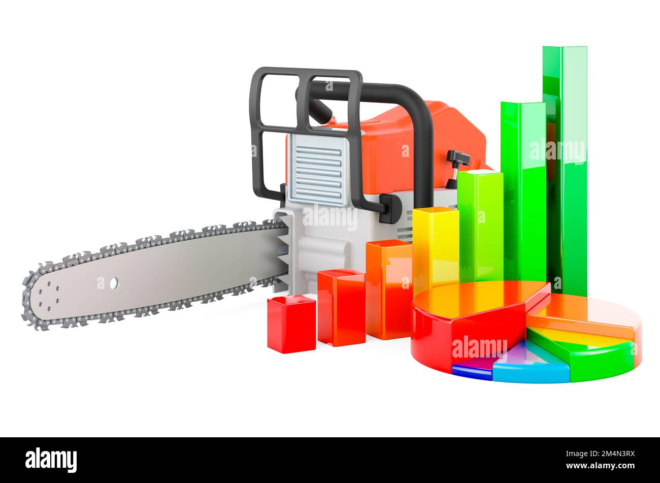 Chainsaw with growth bar graph and pie chart, 3D rendering isolated on ...