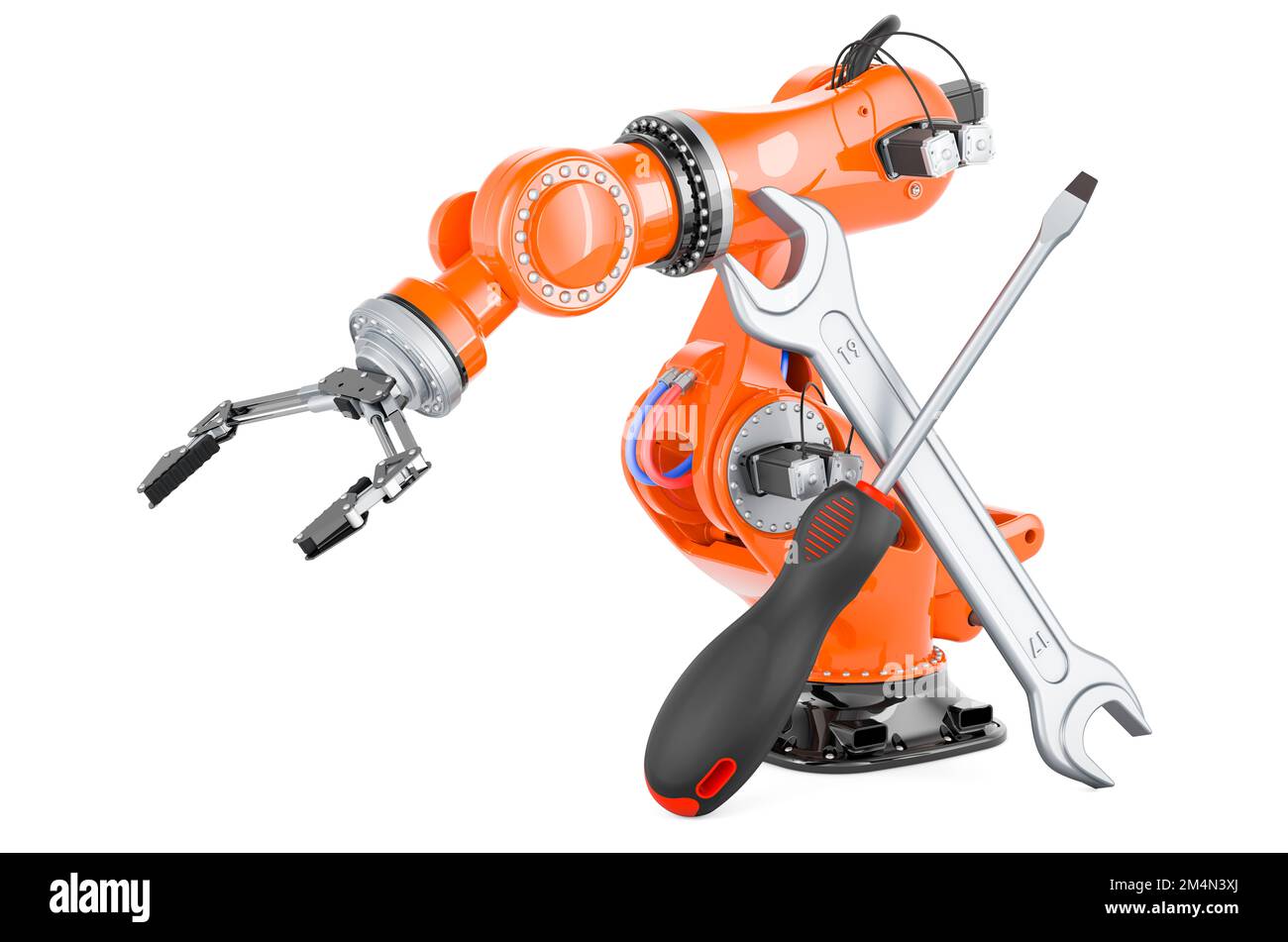 Robotic arm with screwdriver and wrench, 3D rendering isolated on white ...