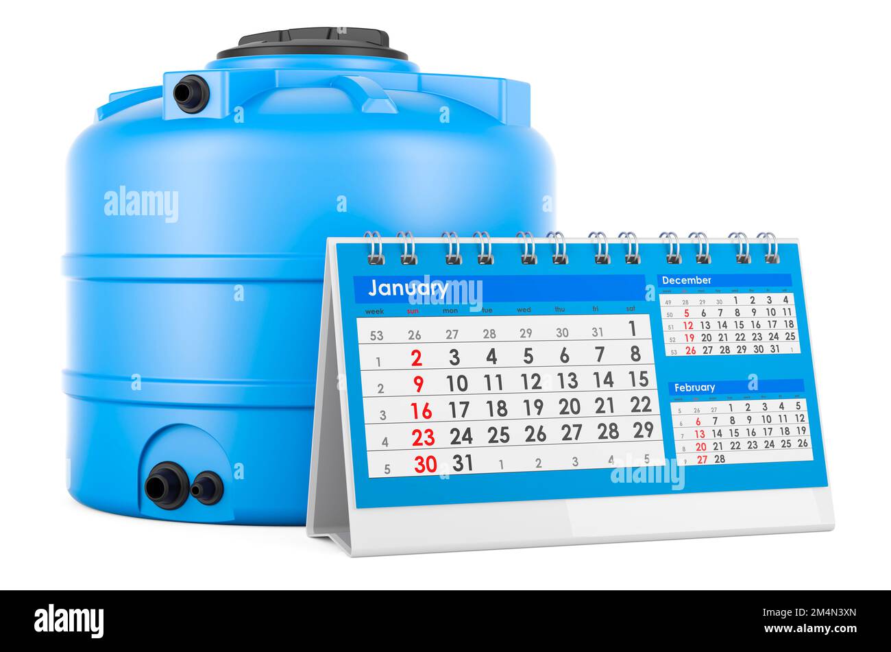 Water tank with desk calendar, 3D rendering isolated on white ...