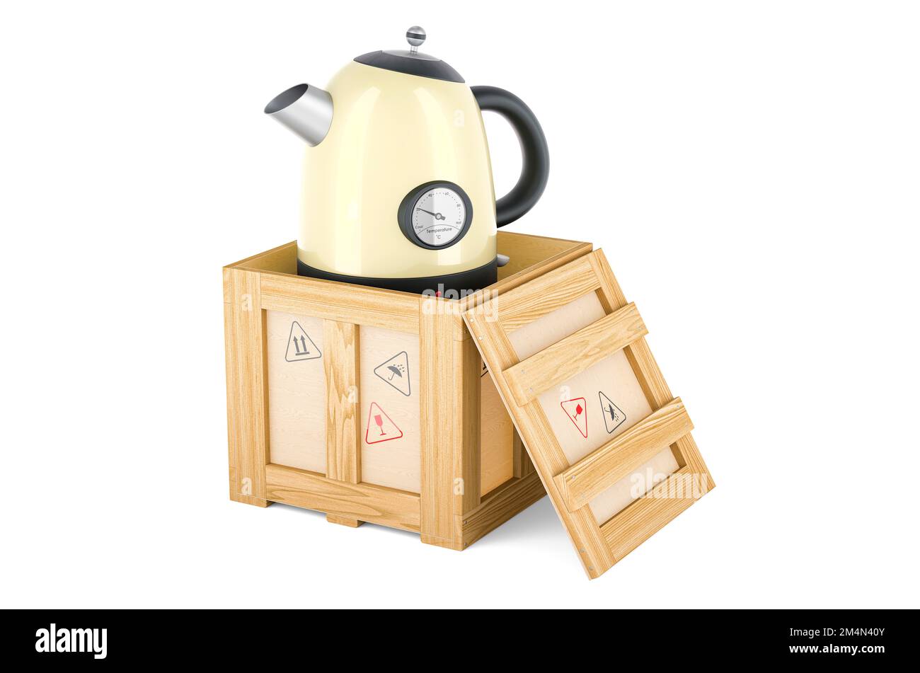 Electric kettle inside wooden box, delivery concept. 3D rendering ...