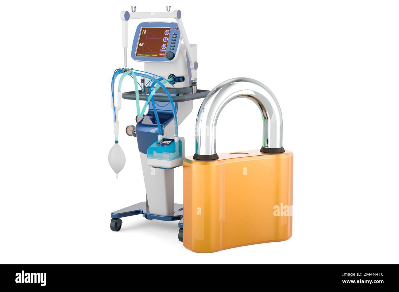 Ventilator for artificial ventilation, ICU with padlock, 3D rendering ...