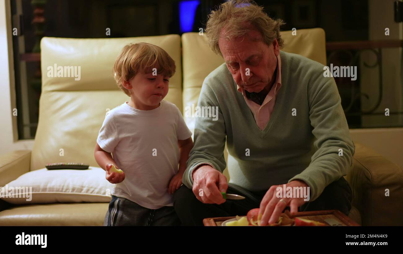 Grandfather and grandson hanging out together in living room couch ...