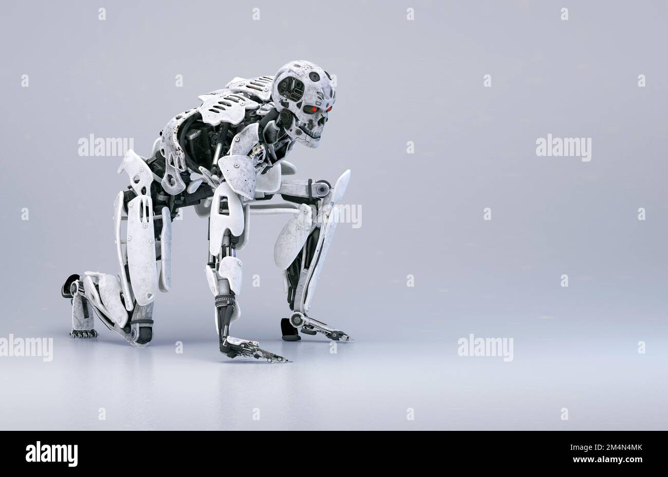 Sci-fi robot cyborg android man, kneeling, isolated on light background. Artificial intelligence ...