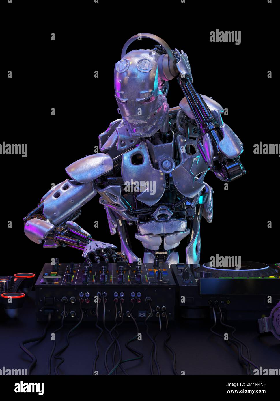 Robot disc jockey at the dj mixer and turntable plays nightclub during ...