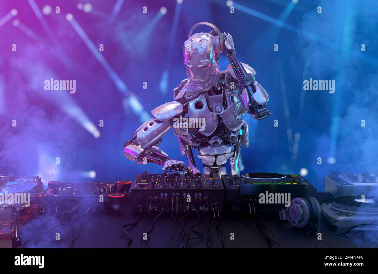 Robot disc jockey at the dj mixer and turntable plays nightclub during ...