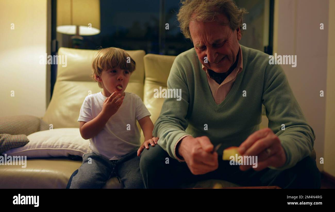 Grandfather and grandson hanging out together in living room couch ...