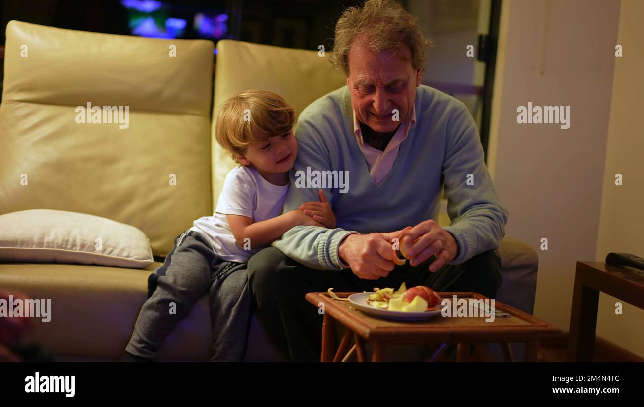Grandson and grandfather eating apple together bonding at living room ...