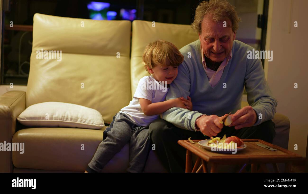 Grandson and grandfather eating apple together bonding at living room ...