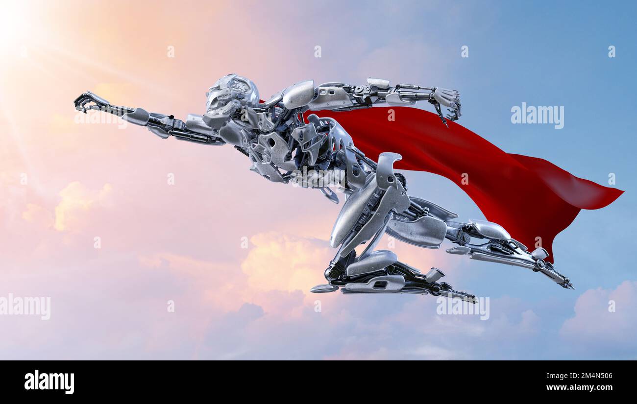 Superhero robot flying. Android, humanoid or cyborg power artificial ...