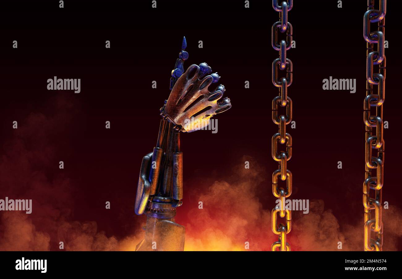 Robot hand thumb up immersed in a hot metal. Terminator advertising ...