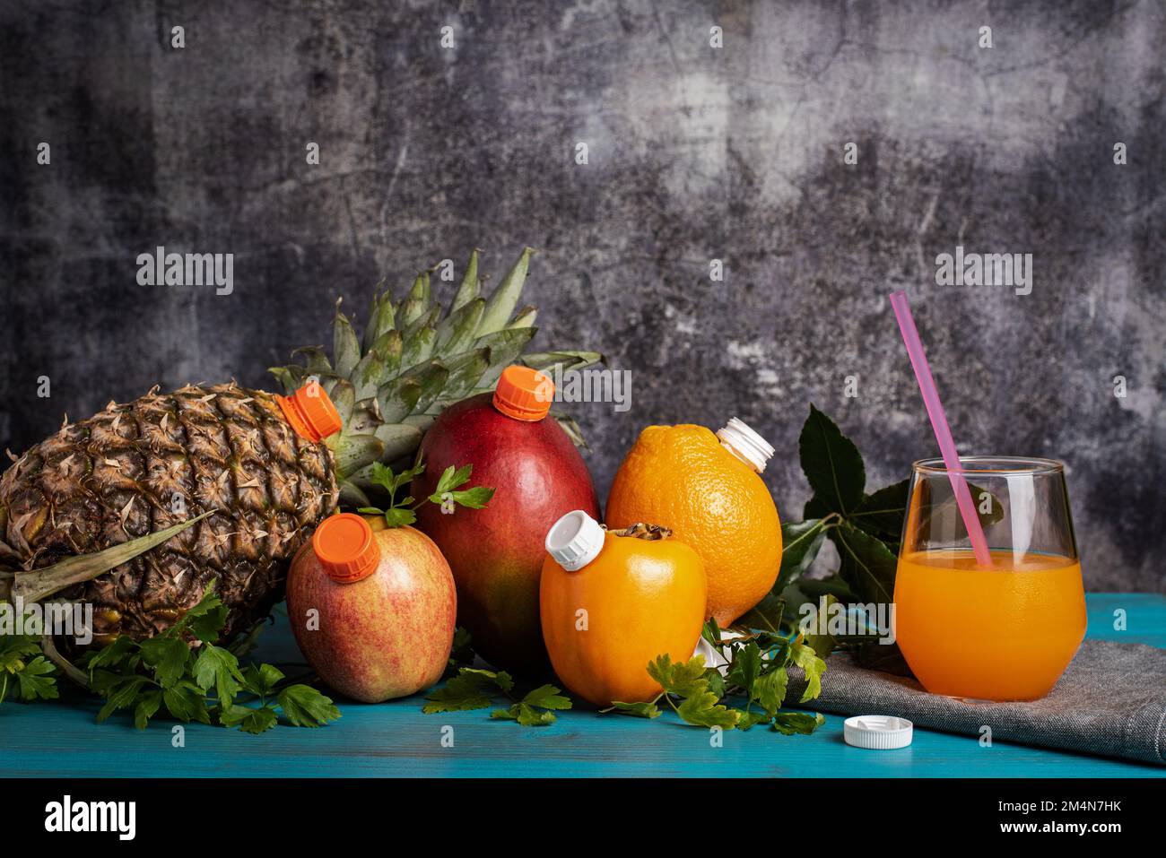 Fruit still life with nozzles such as juice bottles, pineapple, mango ...