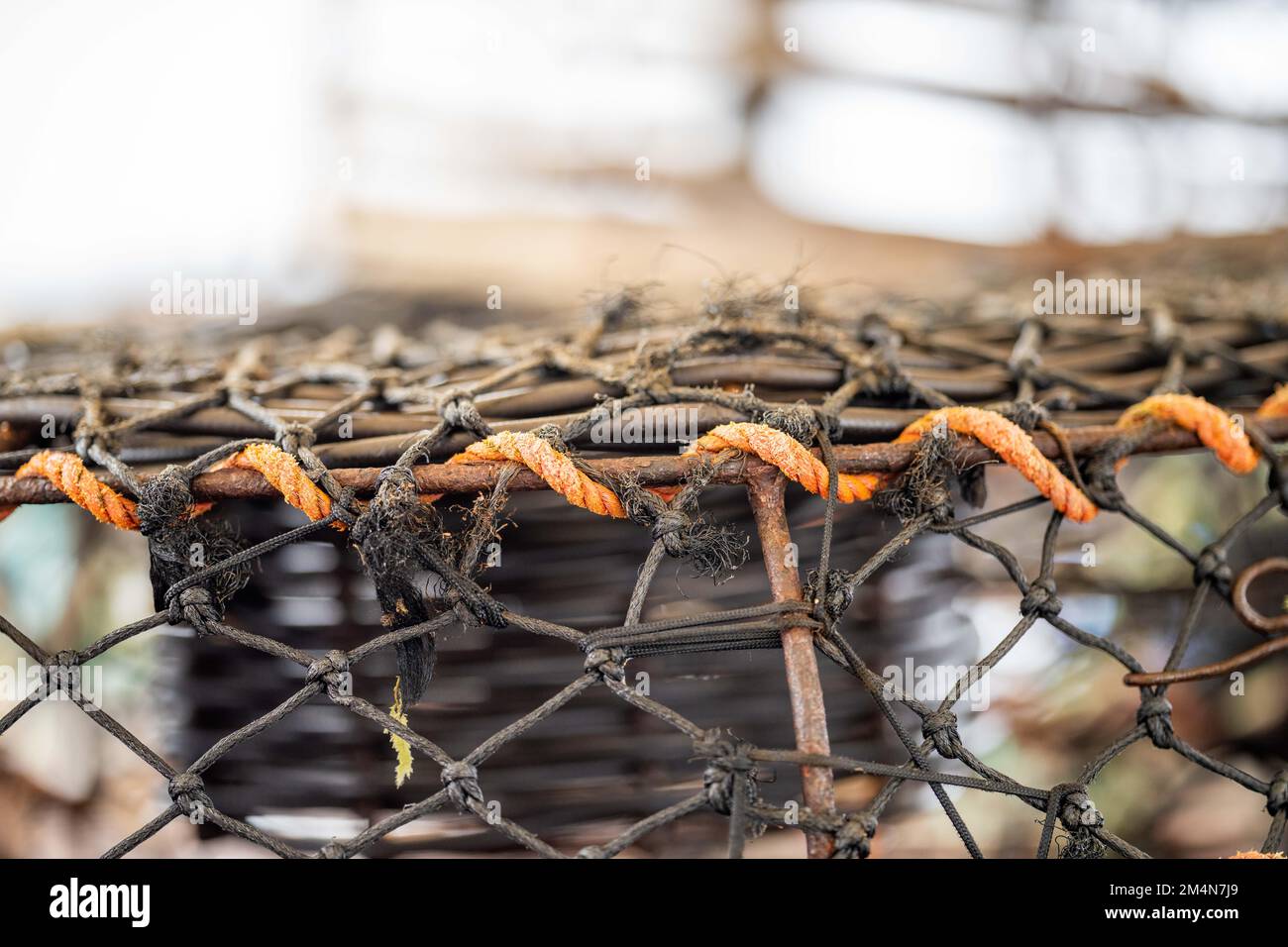 crayfish traps on a fishing boat. lobster wooden pots on the back of a ...
