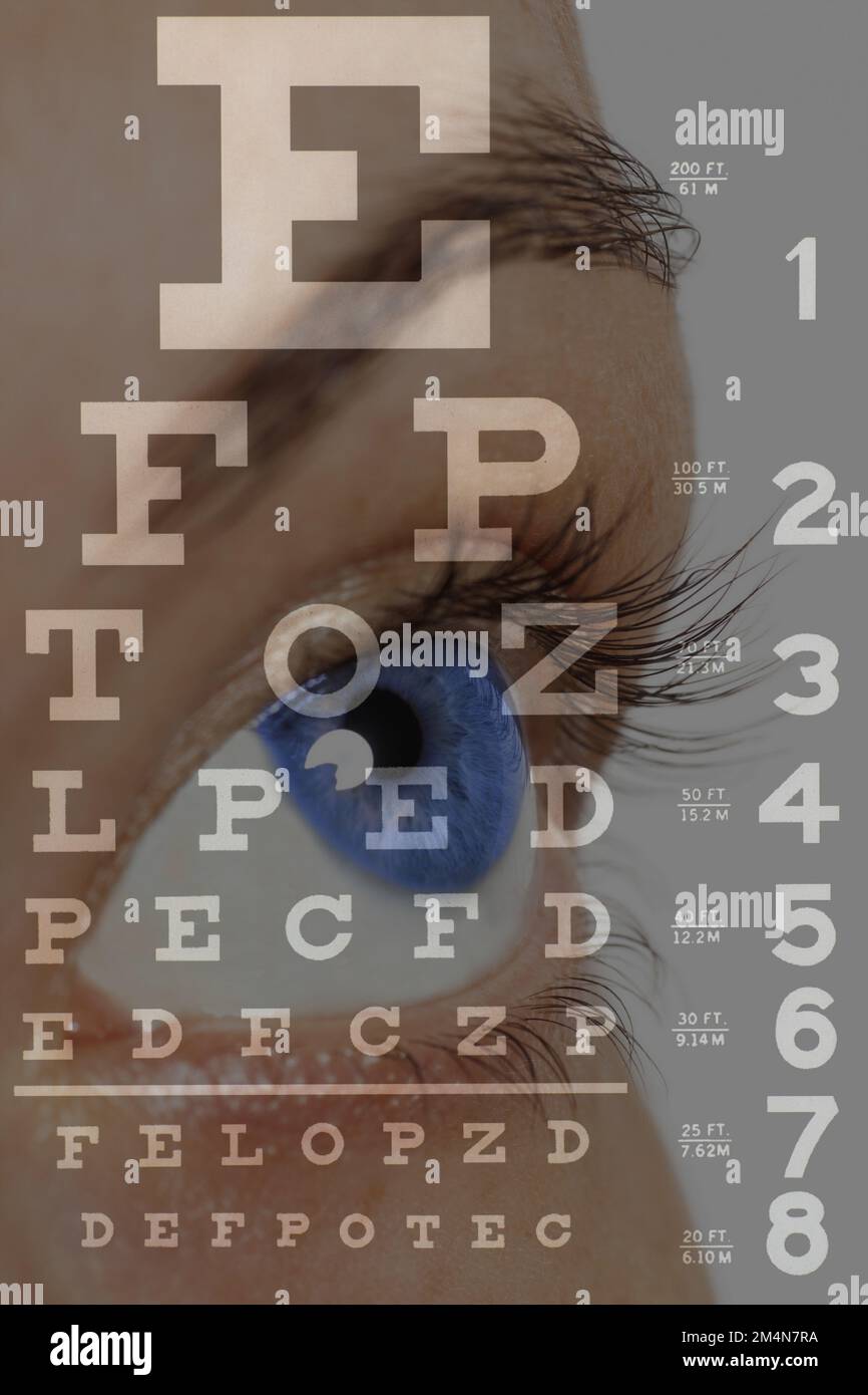 Double exposure of Women's eye on eyesight test chart with eyeglasses ...