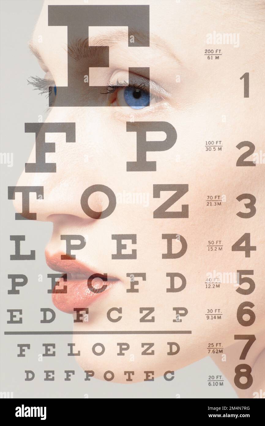 Double exposure of Women's face on eyesight test chart with eyeglasses ...