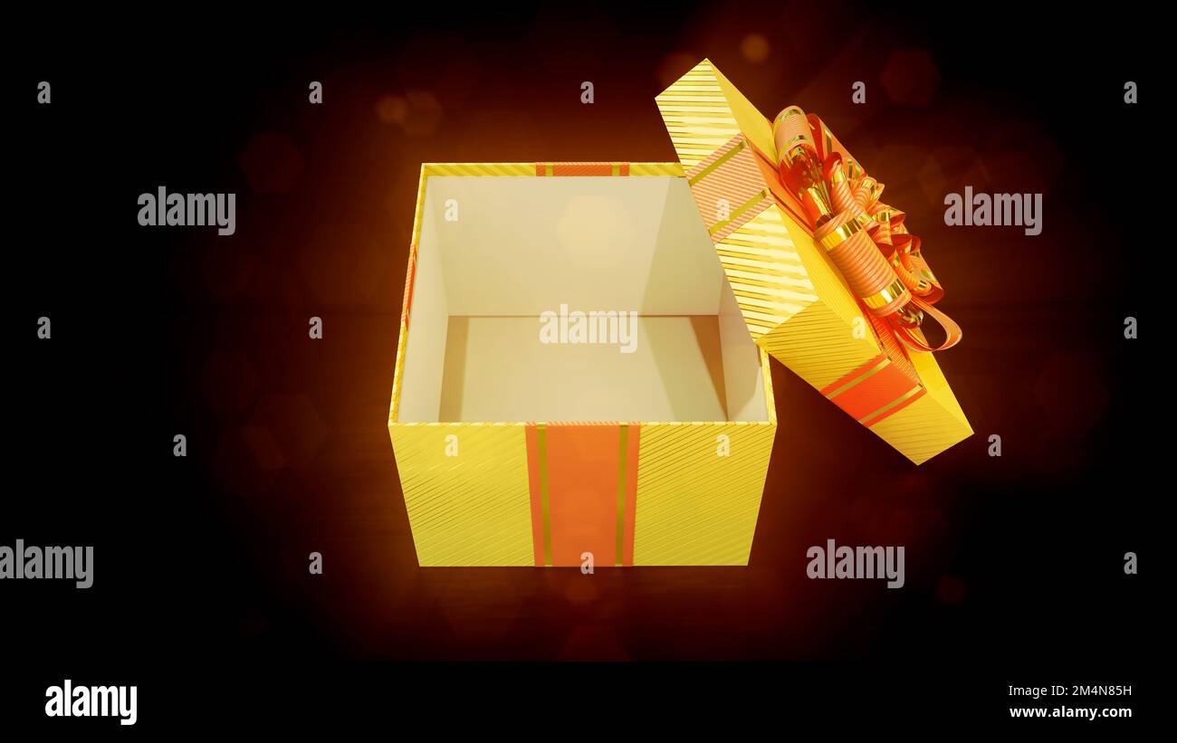 glowing opened goldish and red surprise gift box on dark background ...