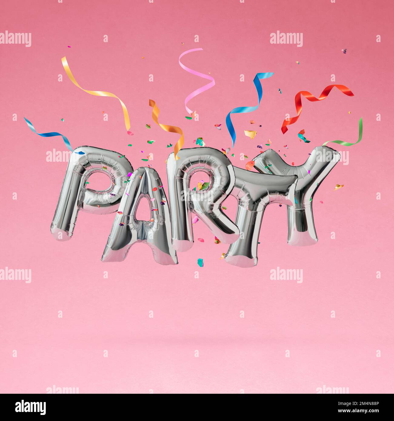 A 3D rendering of letter-shaped helium balloons with colorful ribbons ...