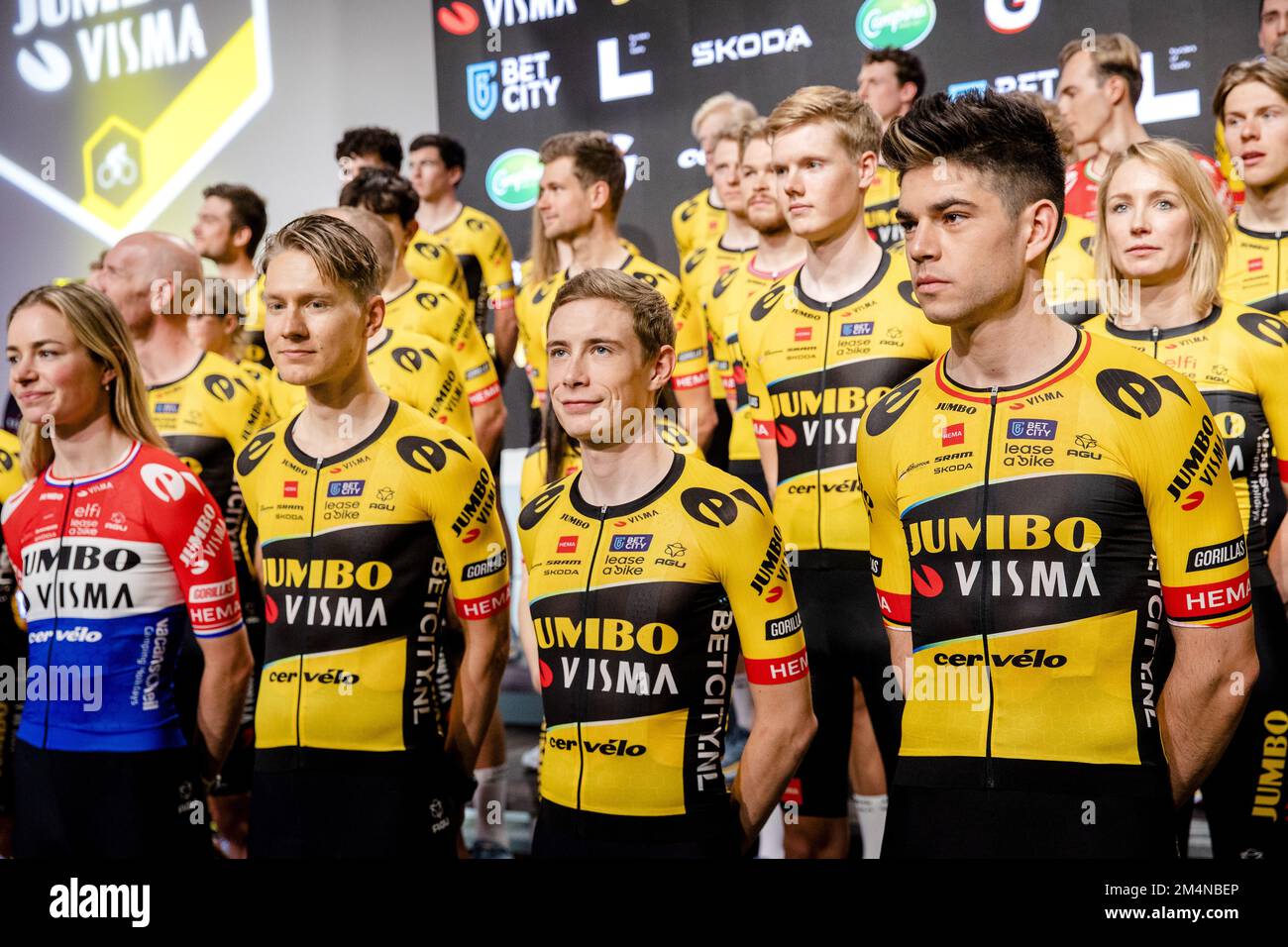 AMSTERDAM - Wilco Kelderman, Jonas Vingegaard and Wout van Aert (VLNR) during the team ...
