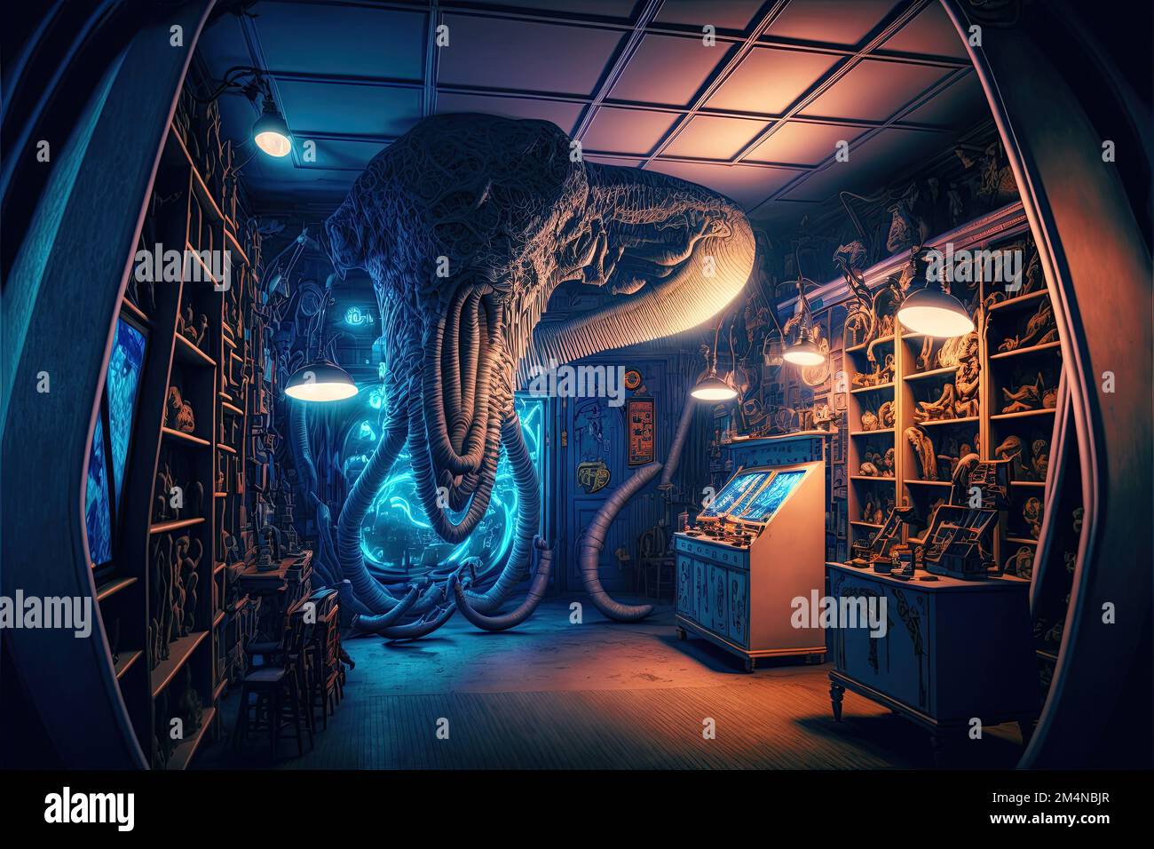 Interior of a sci-fi alien museum from another planet. Alien artifacts ...