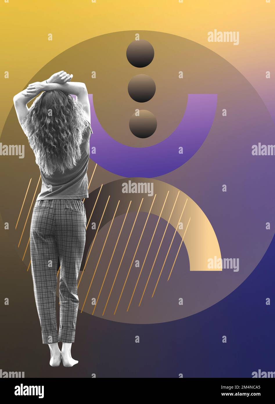 Contemporary art collage. Girl looks at abstract figure, the idea of ...