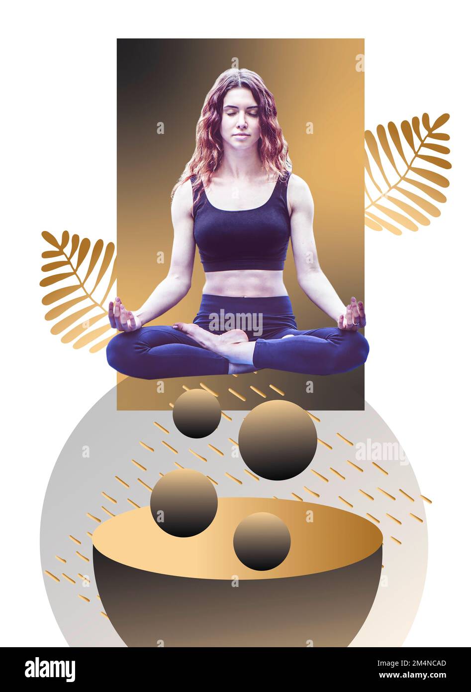 Contemporary art collage. Woman in lotus pose floating in the air and ...