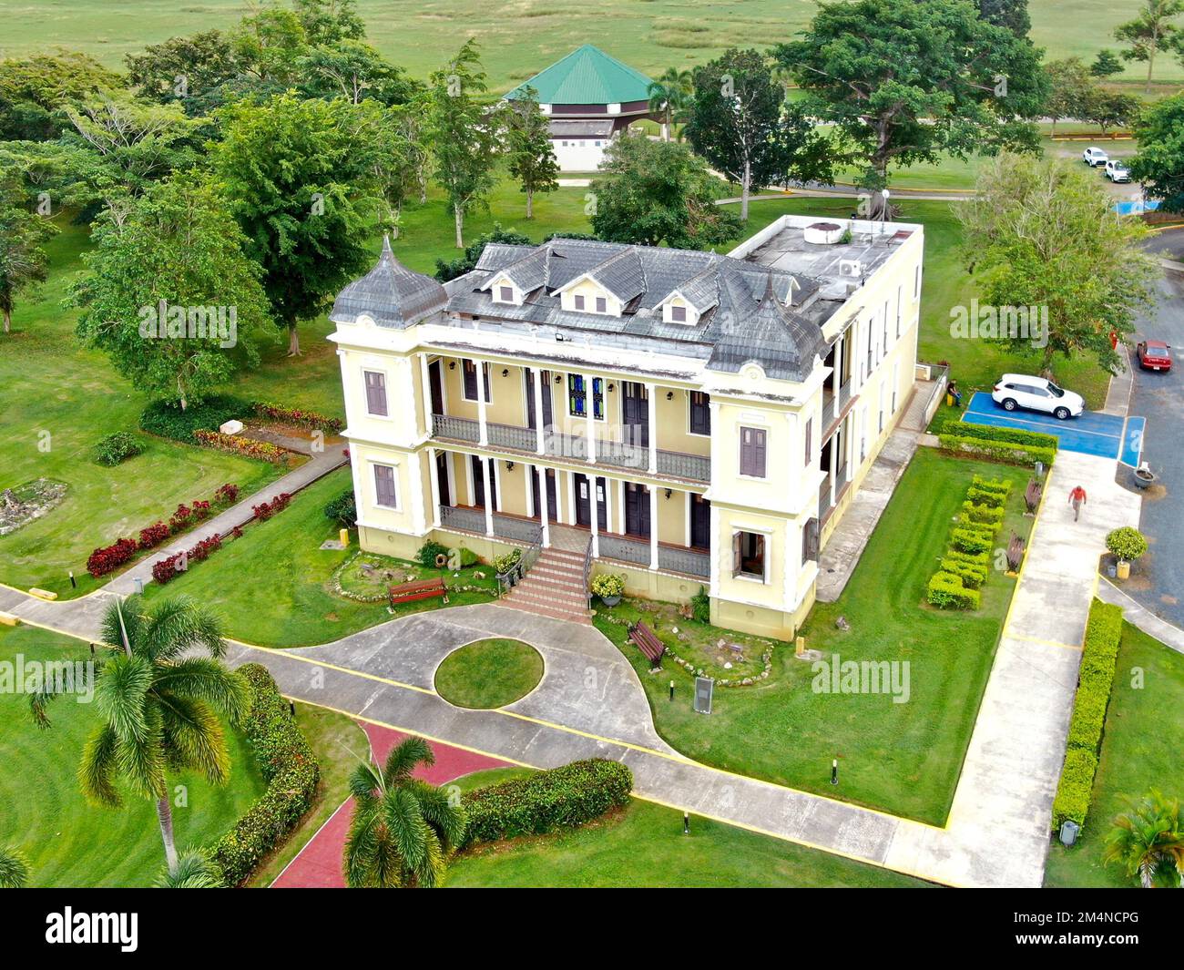 An aerial shot of Palacete Los Moreau house museum in Quebradillas ...