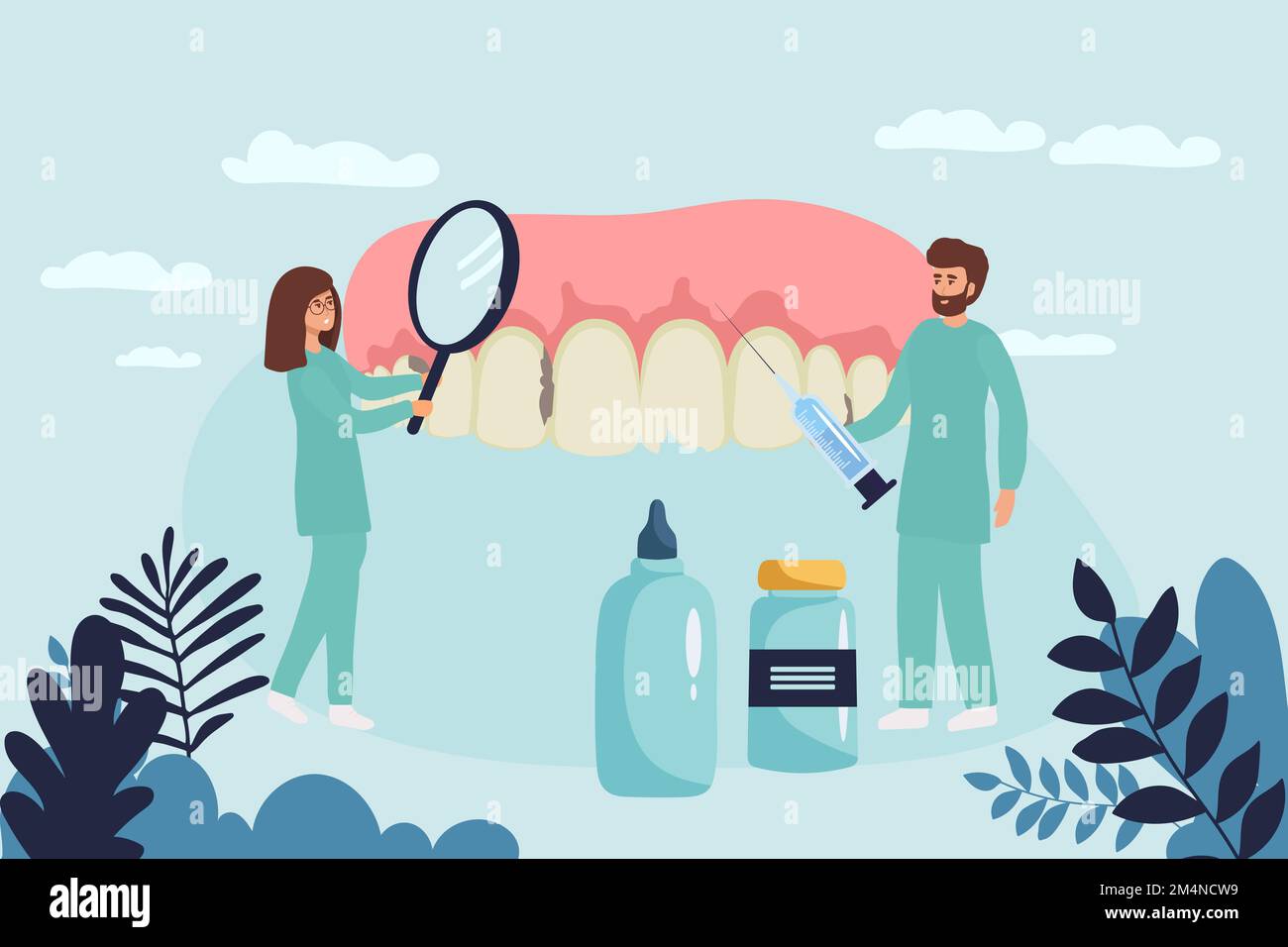 Dental clinic and healthcare concept. Woman and man dentists cartoon ...