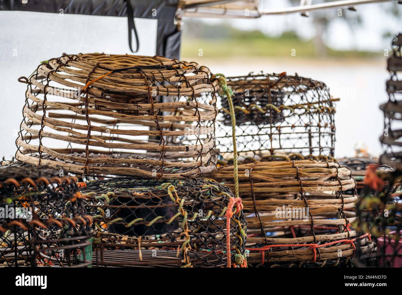 crayfish pot and lobster pots on the back of a fishing boat in ...