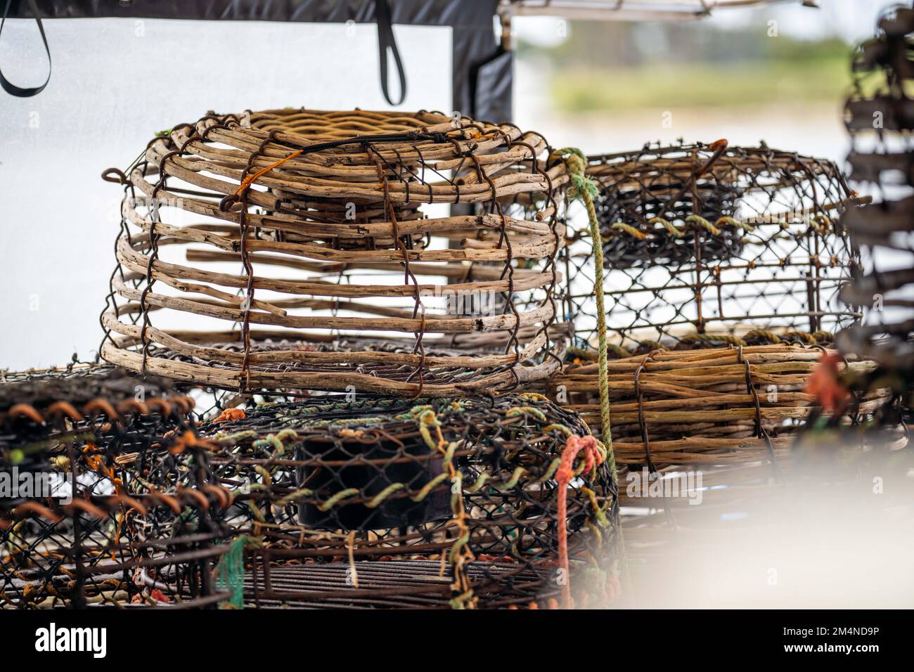 crayfish pot and lobster pots on the back of a fishing boat in ...