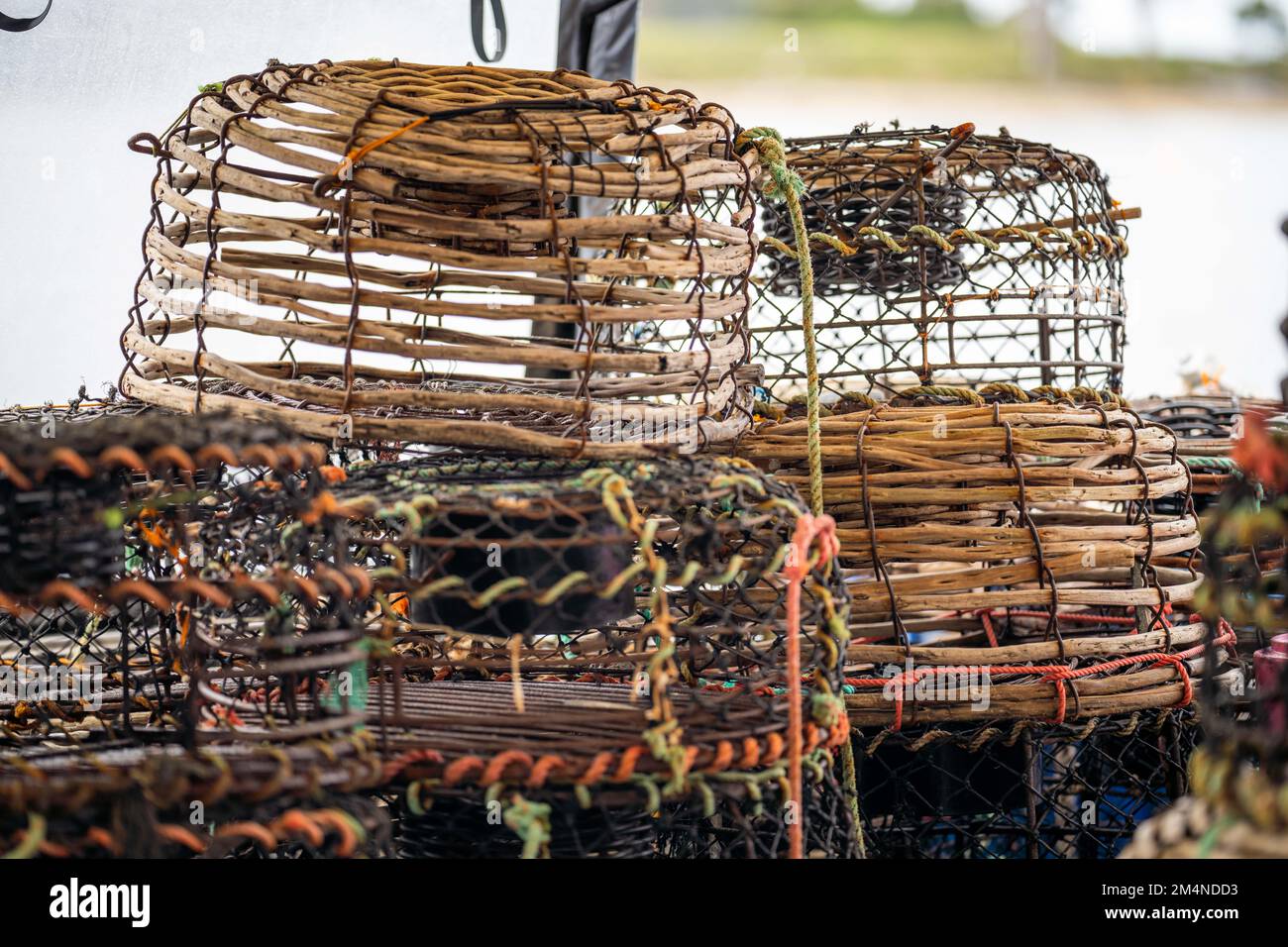 crayfish traps on a fishing boat. lobster wooden pots on the back of a ...