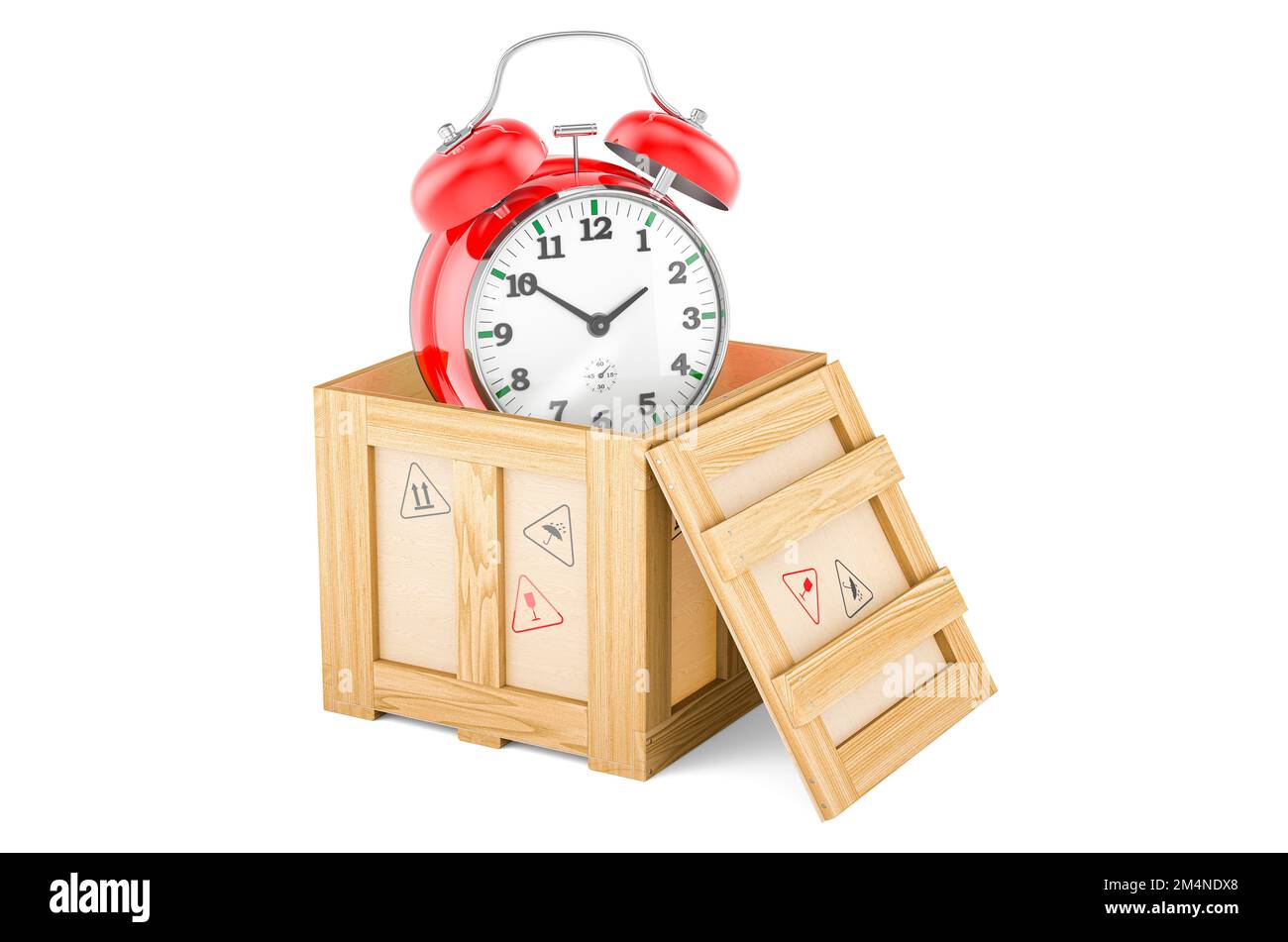Alarm clock inside wooden box, delivery concept. 3D rendering isolated ...