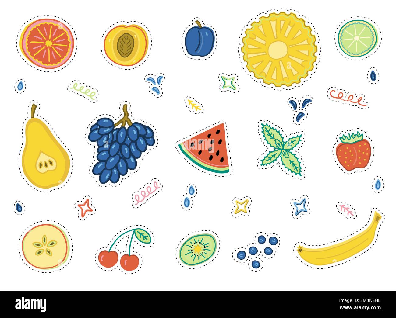 Exotic fruits and berries Stickers. Pineapple, strawberry, apple, lime ...