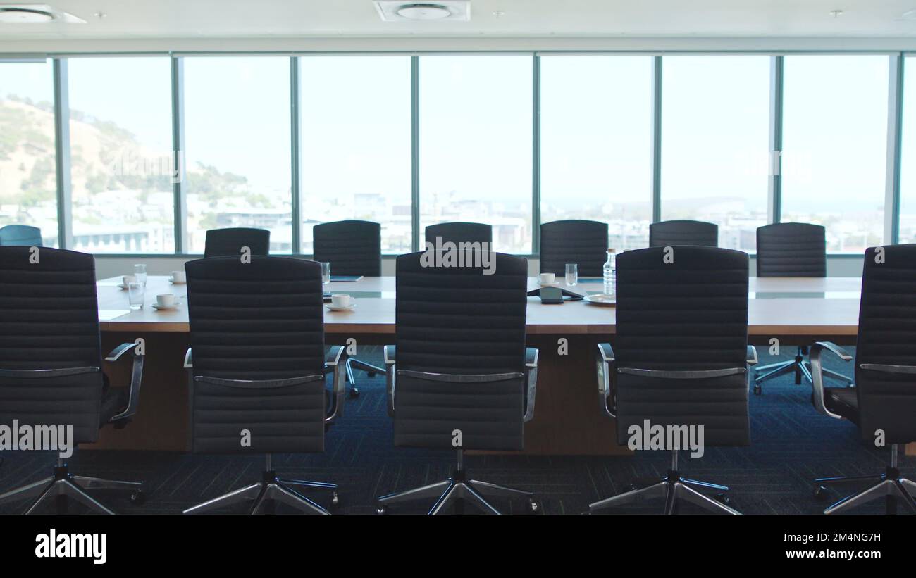 Business meeting room, office space interior or corporate workplace ...