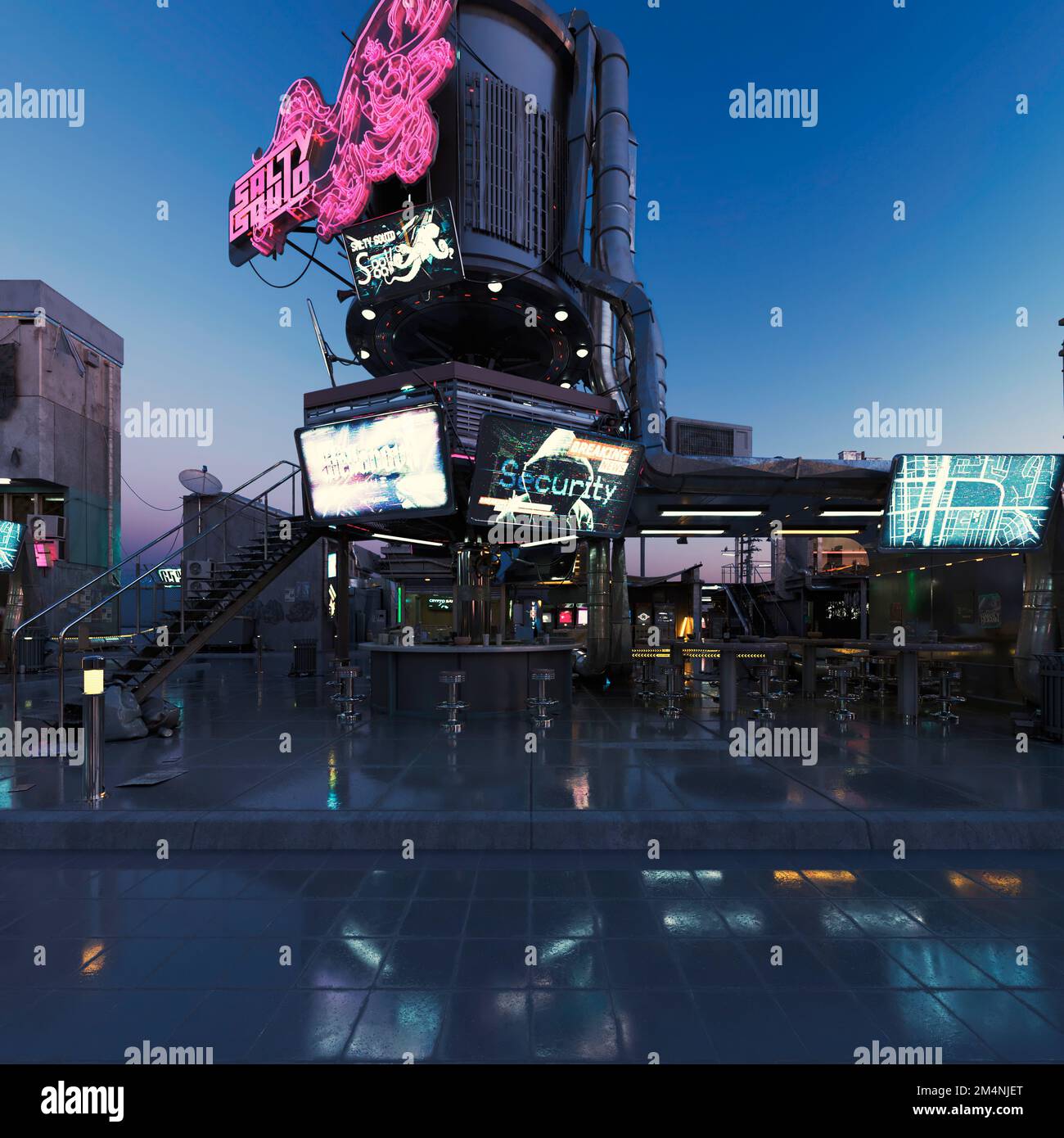 The exterior of a futuristic cyberpunk city - 3D rendering, all the ...