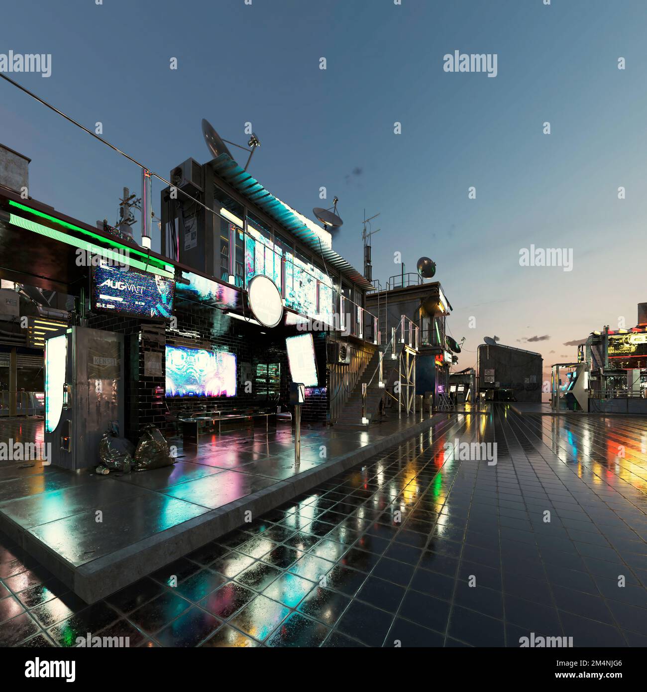 The exterior of a futuristic cyberpunk city - 3D rendering, all the ...
