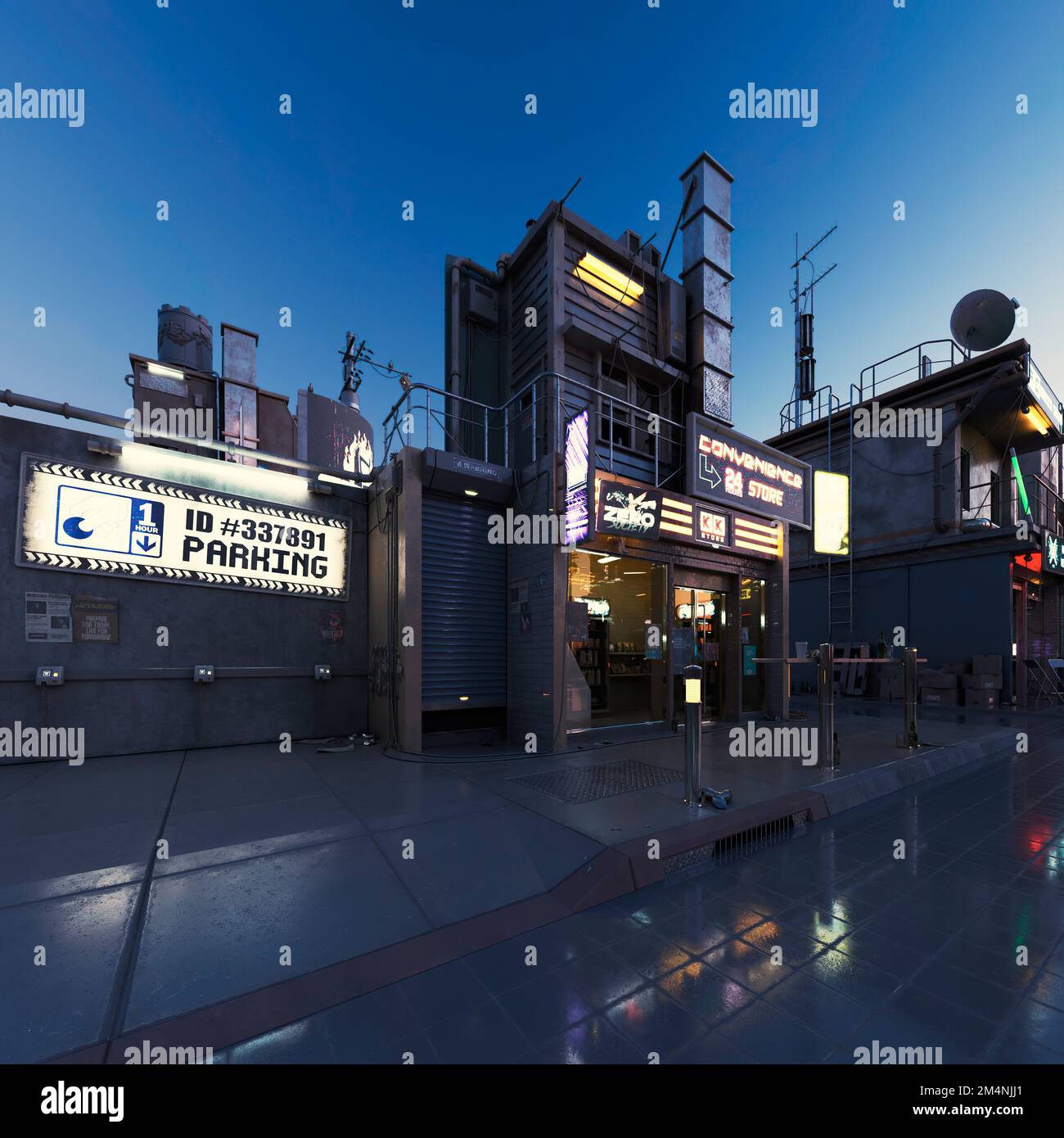 The exterior of a futuristic cyberpunk city - 3D rendering, all the ...