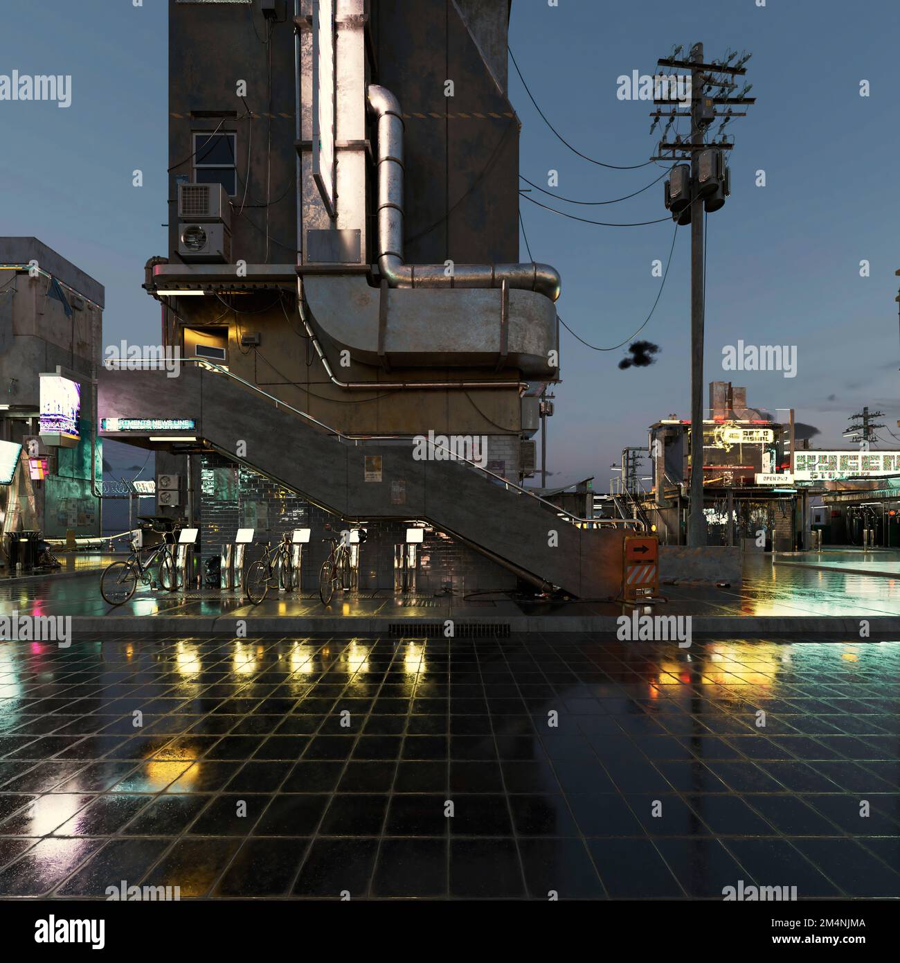 The exterior of a futuristic cyberpunk city - 3D rendering, all the ...