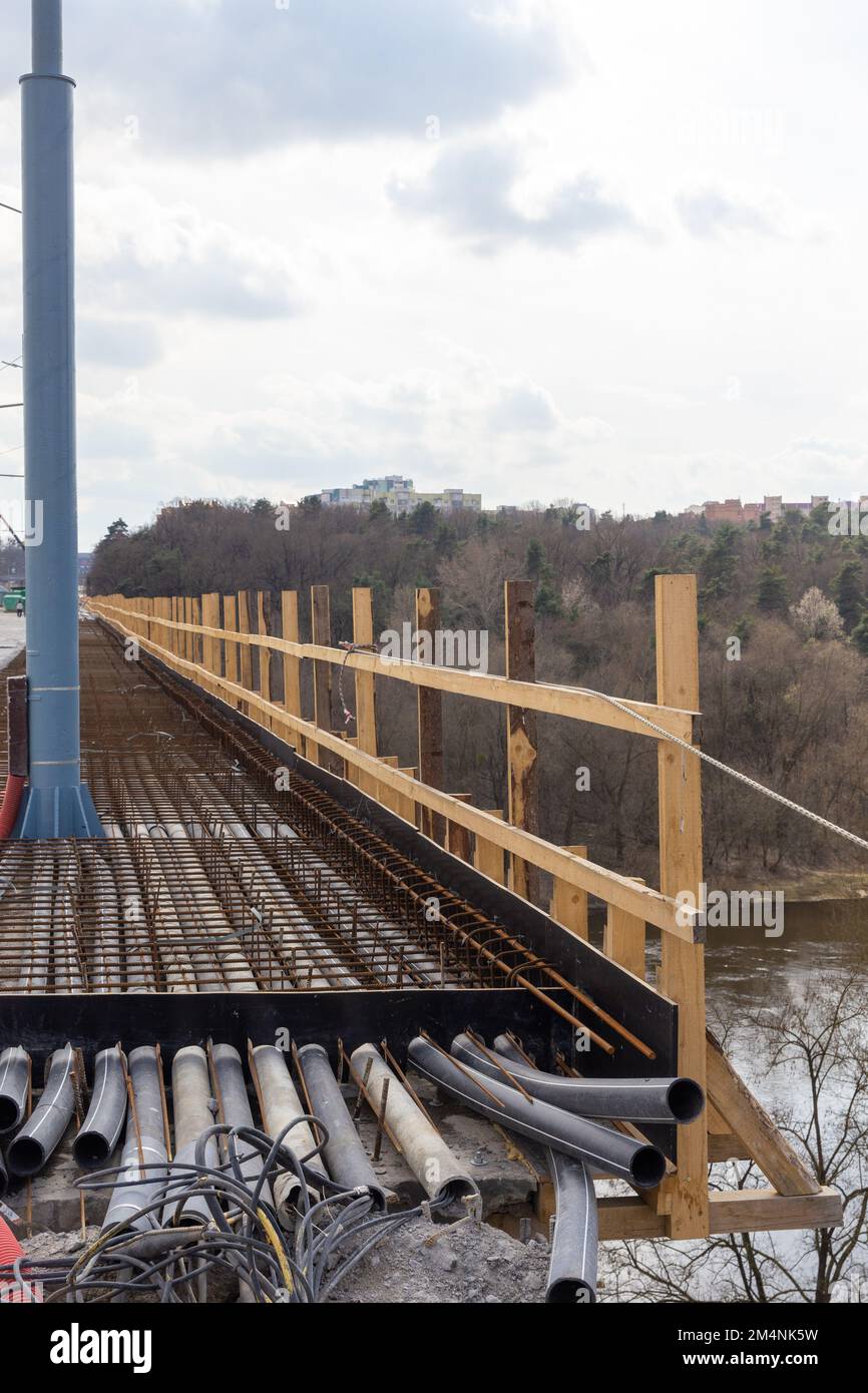 Restoration of the city bridge. New reinforcement binding have been ...
