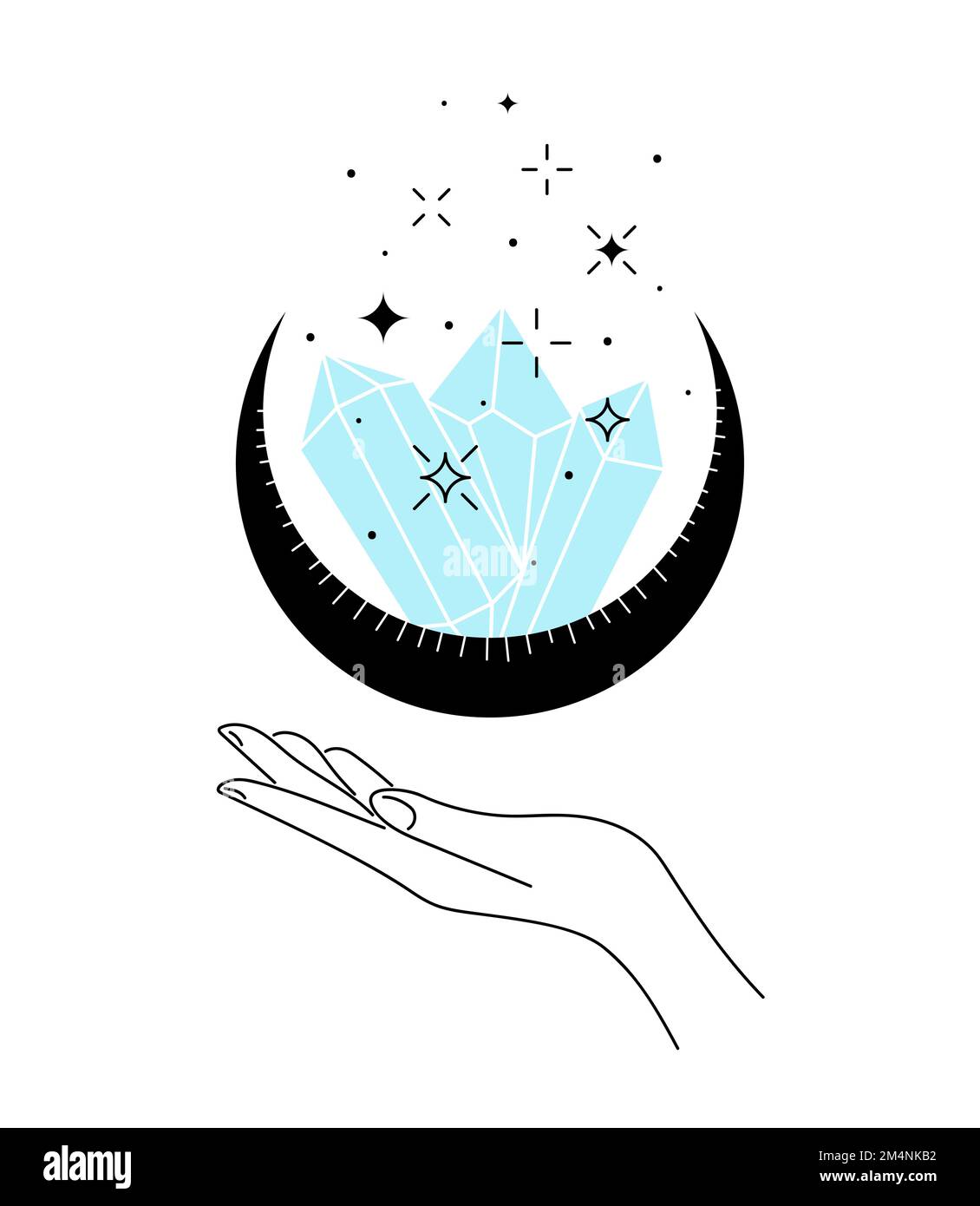 Mystic celestial crystals in moon and stars levitate over woman hand ...