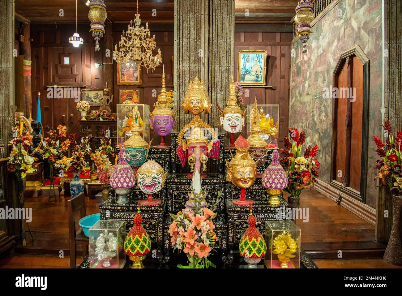 Traditional Thai mask in a old room in the Temple at the Wat Bang Khae ...