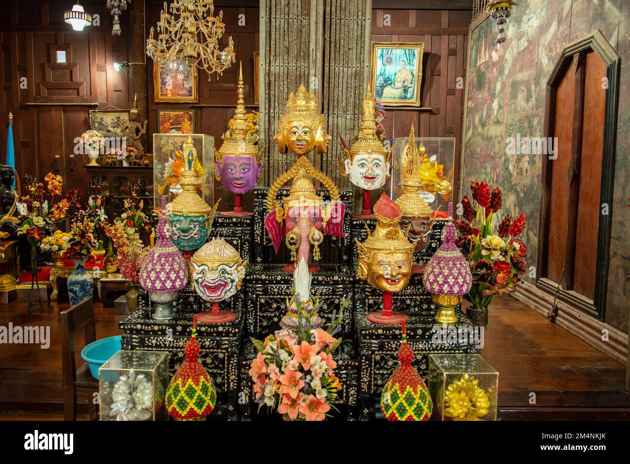 Traditional Thai mask in a old room in the Temple at the Wat Bang Khae ...