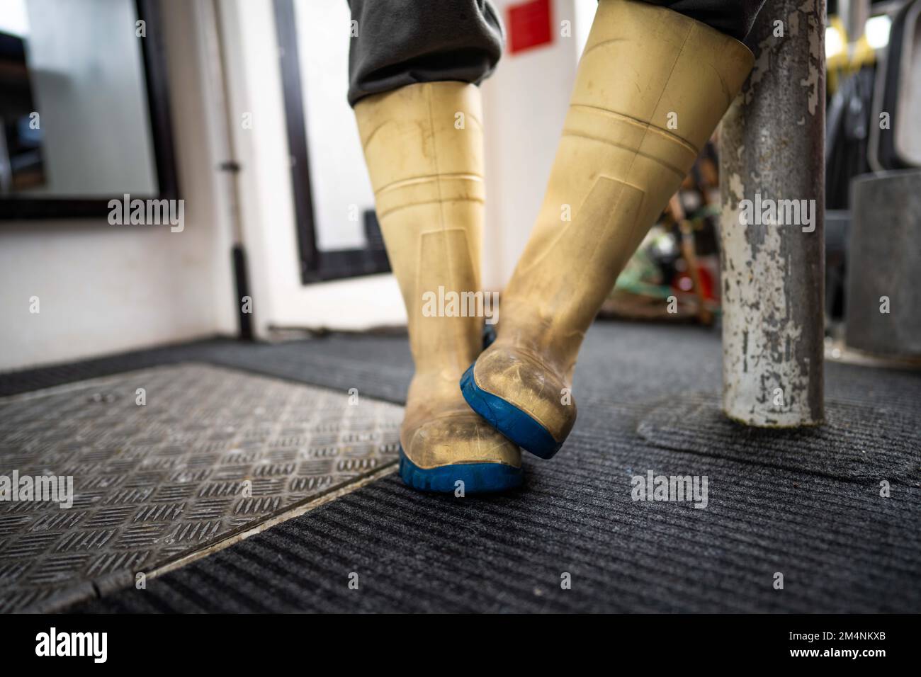 fisherman wearing gumboots, waterproof clothes and gloves on a fishing ...