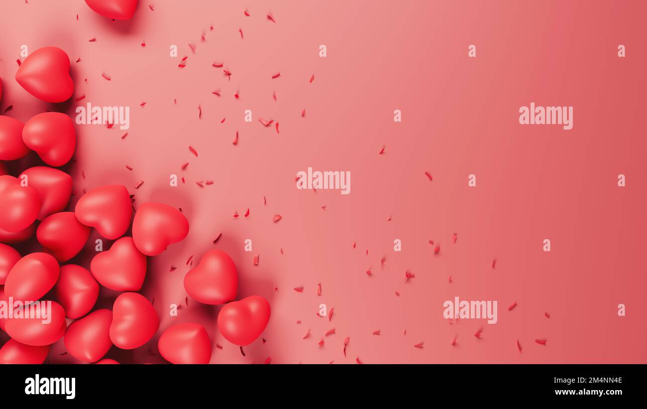 Valentine day red hearts with confetti on pink backdrop. 3d render ...