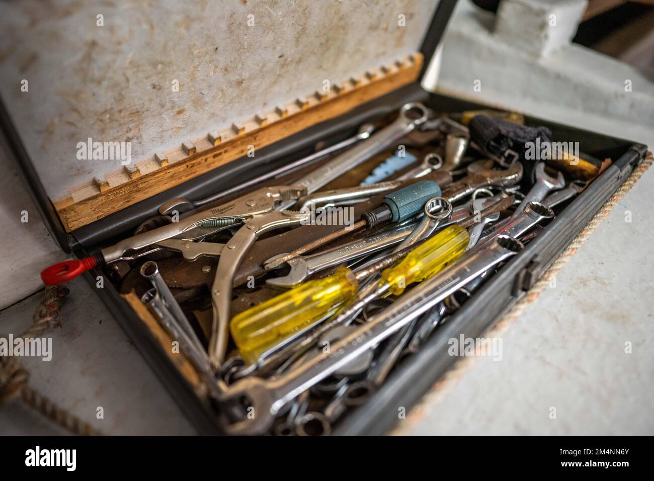 tools on a fishing boat in the engine room in america Stock Photo - Alamy