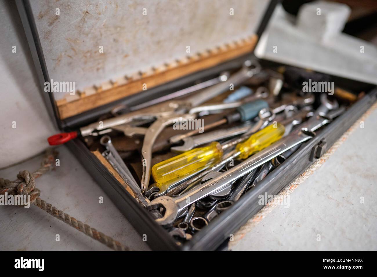 tools on a fishing boat in the engine room in america Stock Photo - Alamy